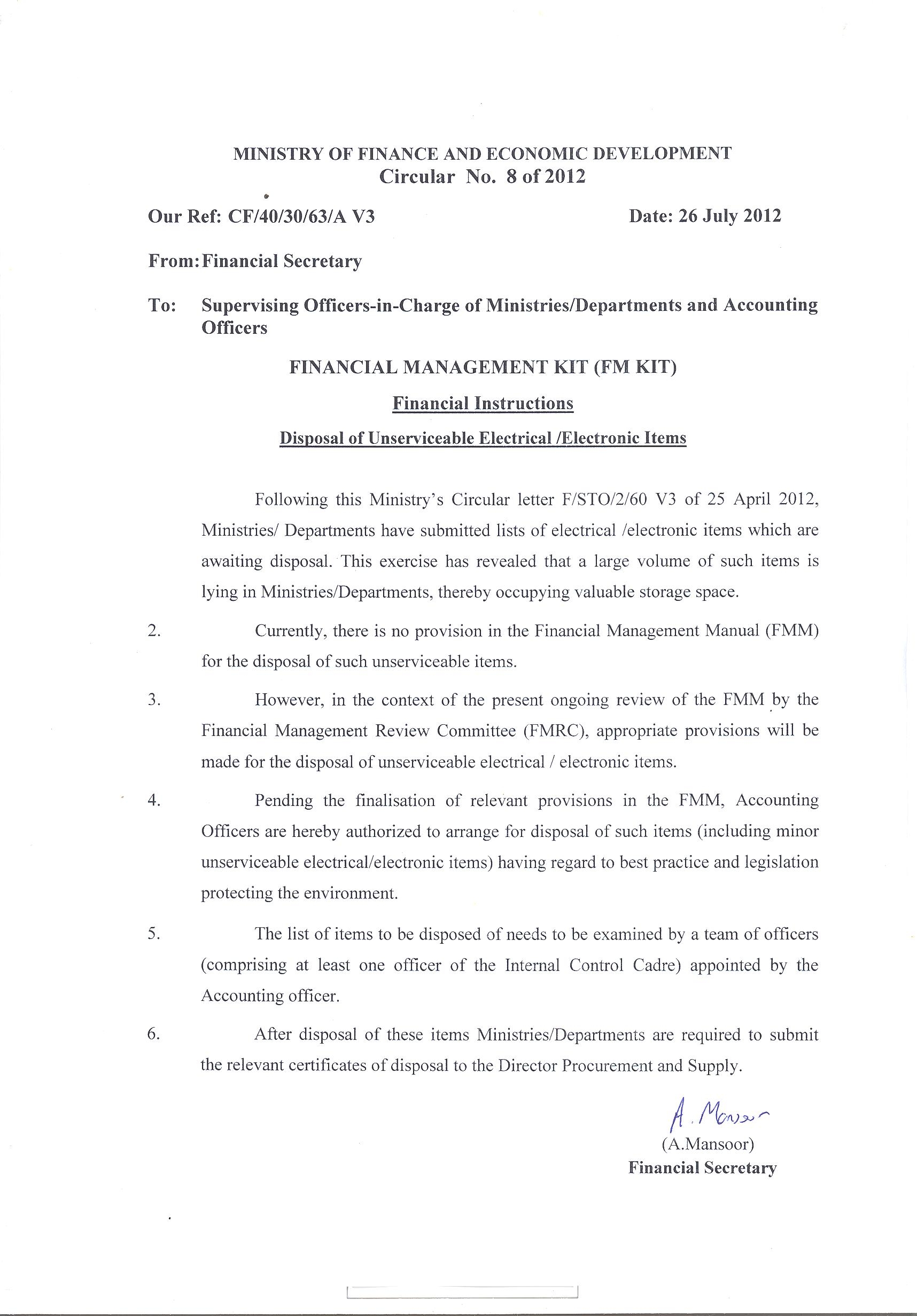 Financial Instructions